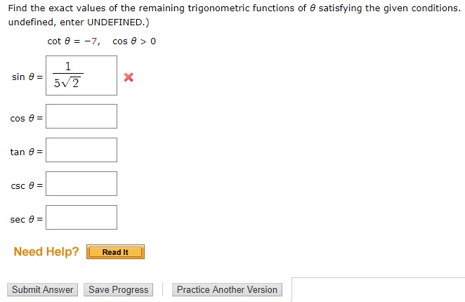 Solved Find The Exact Values Of The Remaining Trigonometric Chegg
