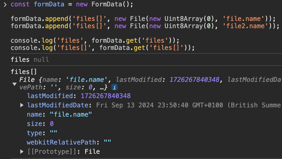 you can't json stringify formdata and you're appending "files[]" not "files" - Cloudflare Developers